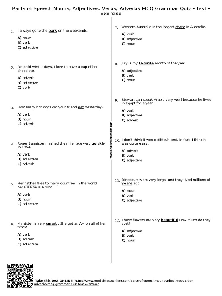 Parts of Speech MCQ Grammar Quiz | PDF | Adverb | Adjective
