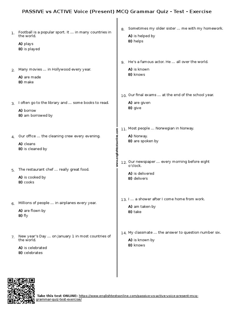 751 Passive Vs Active Voice Present MCQ Grammar Quiz Test Exercise | PDF