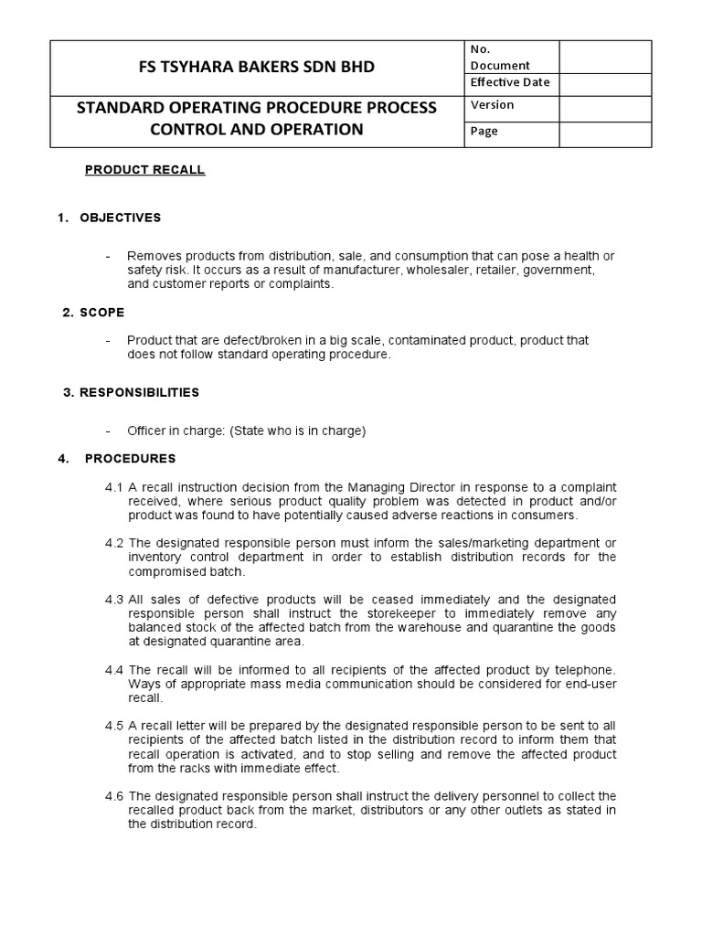 Fs Tsyhara Bakers Sdn Bhd Standard Operating Procedure Process Control And Operation Pdf