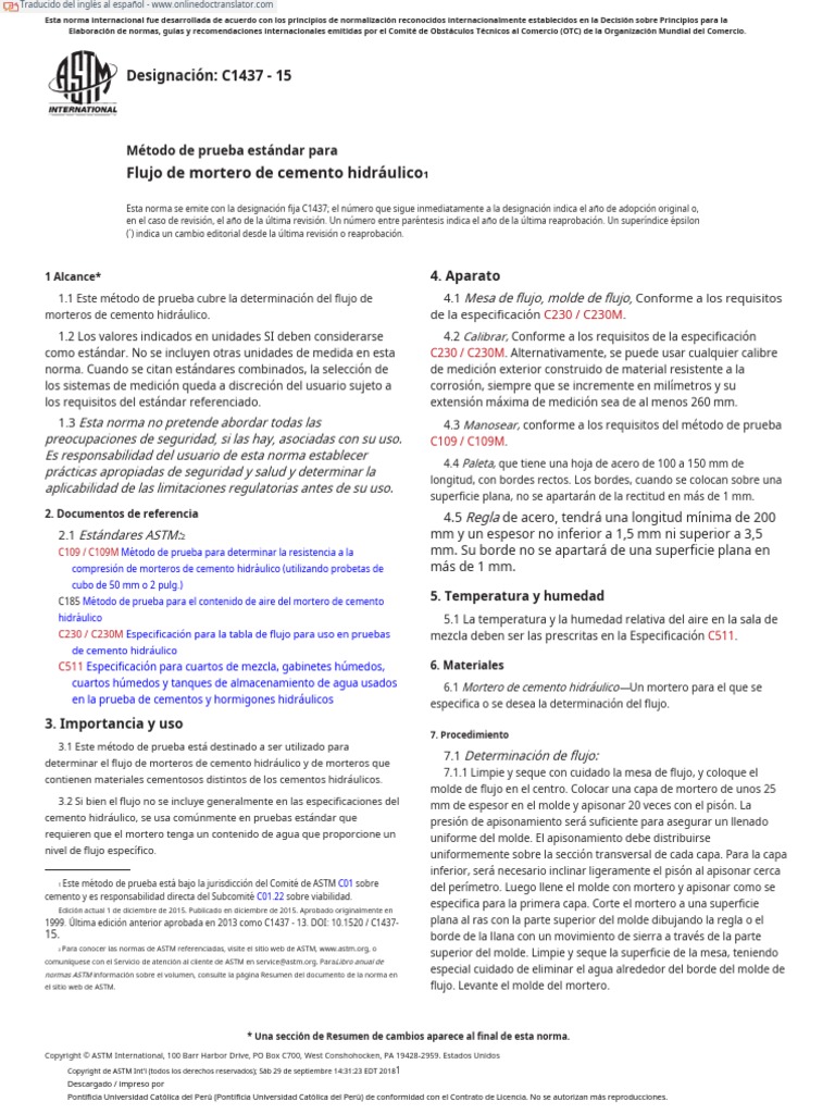 ASTM C1437 - 15 Fluidez de Morteros - Enespañol | PDF | Cemento ...