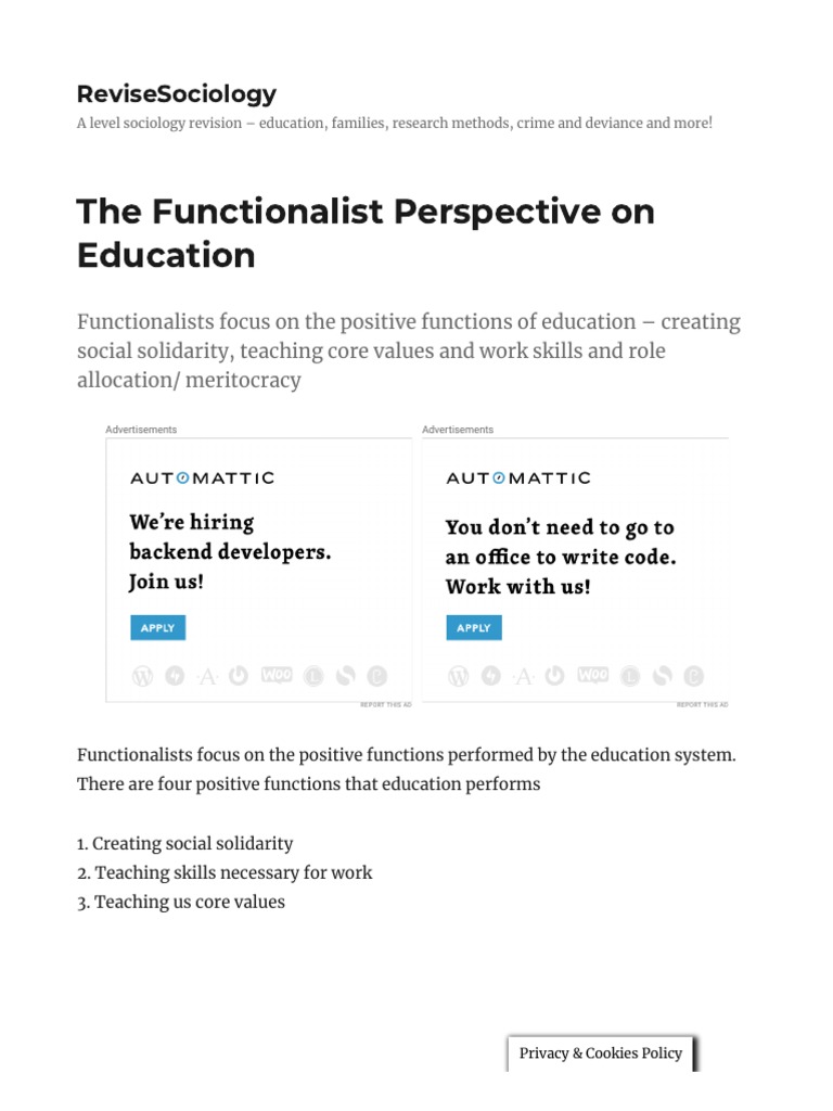The Functionalist Perspective On Education - ReviseSociology | PDF ...
