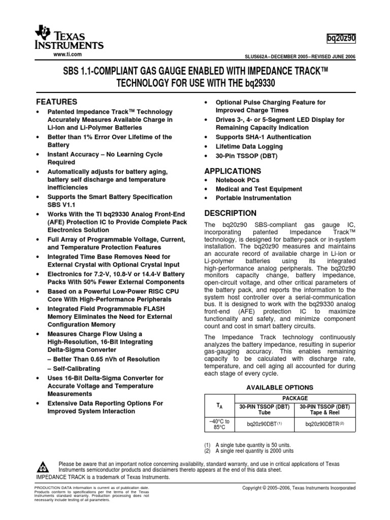 Sbs 1.1-Compliant Gas Gauge Enabled With Impedance Track™ Technology ...