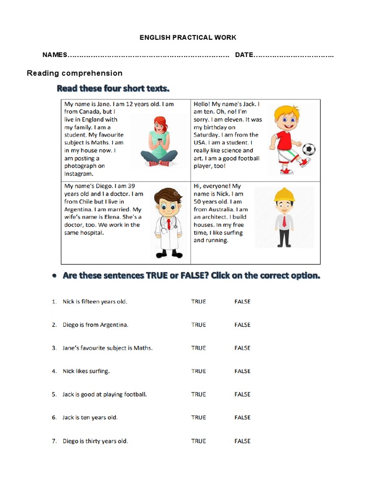 Reading Comprehension: English Practical Work NAMES . DATE . | PDF