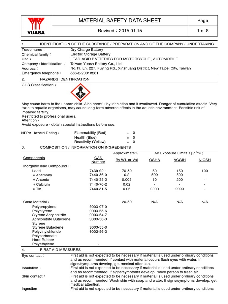 Bateria Yoko - Dry - MSDS-004 - 2015 01 15 | PDF | Firefighting ...