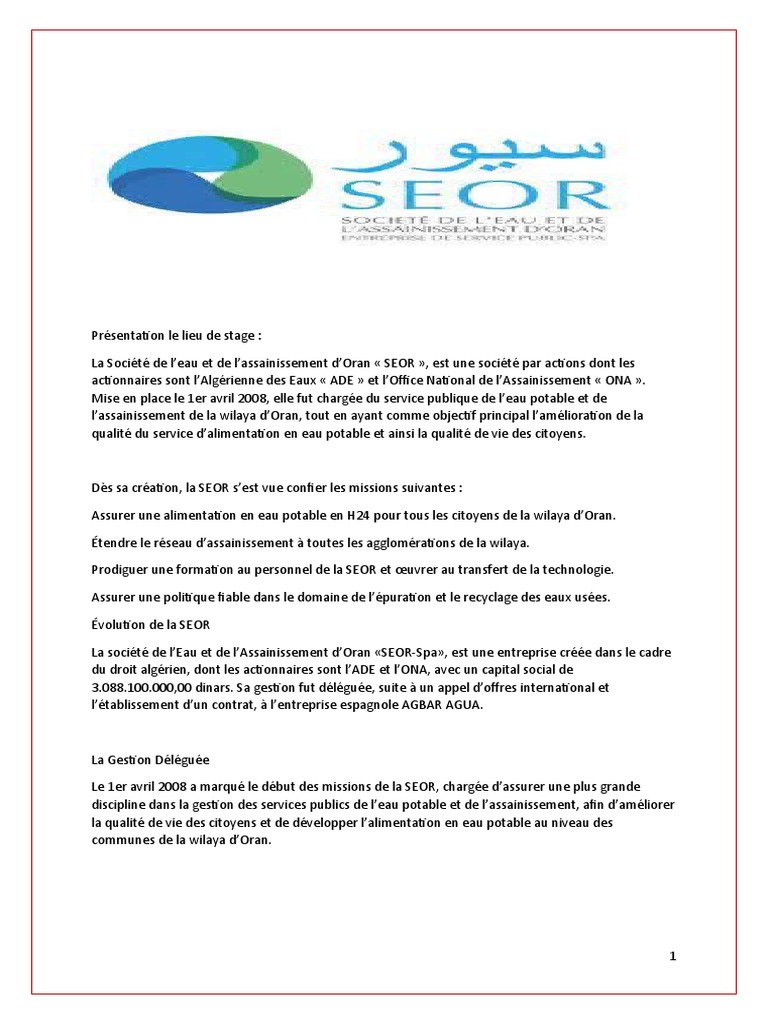 SEOR : Gestion de l'Eau à Oran | PDF | Risque | Prophylaxie