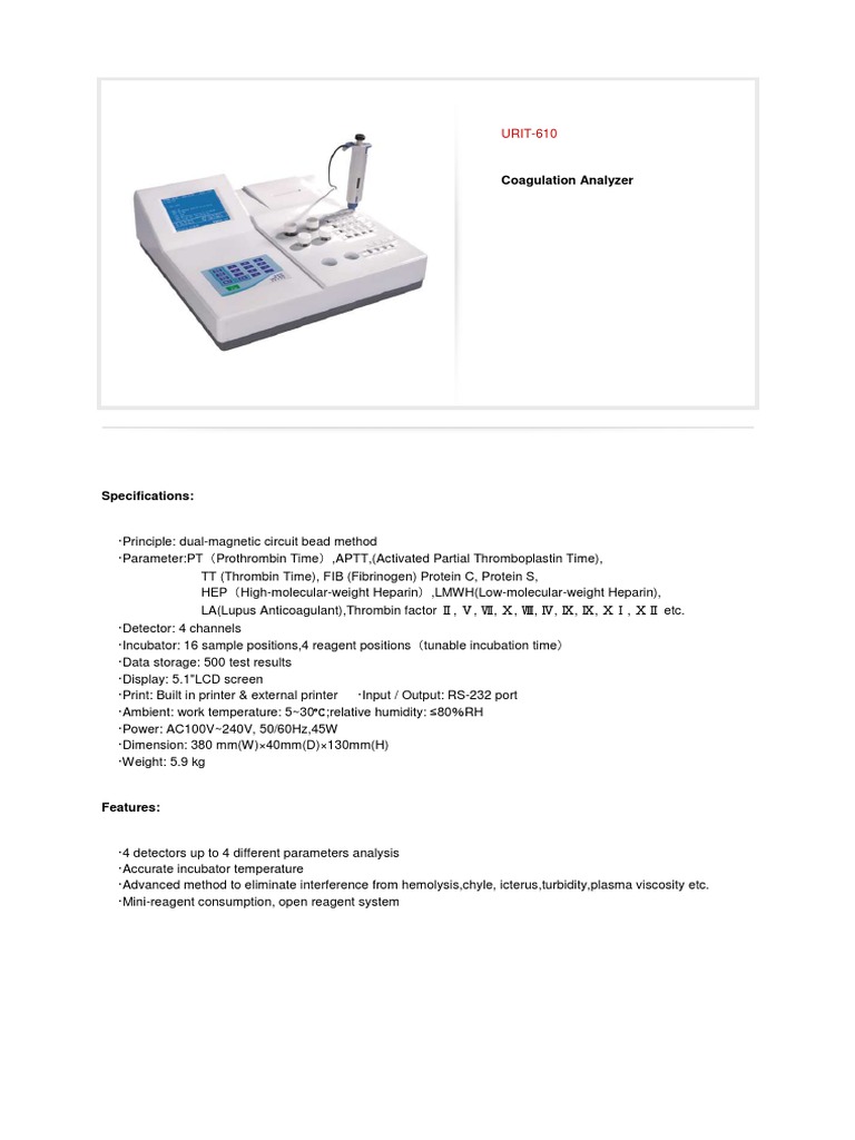 URIT-610 Coagulation Analyzer Specs and Features | PDF