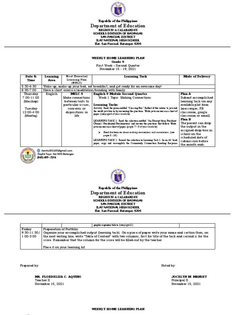Grade 9 Weekly Home Learning Plan | PDF | Cognition | Cognitive Science