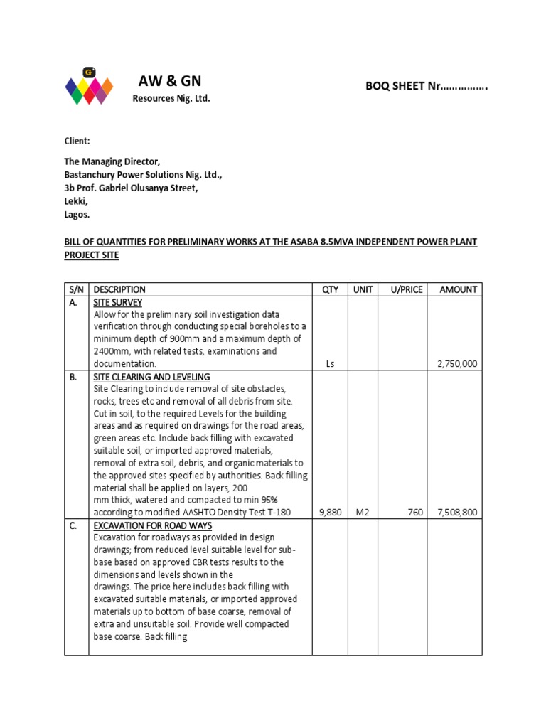Aw & GN: BOQ SHEET NR | PDF | Soil | Civil Engineering