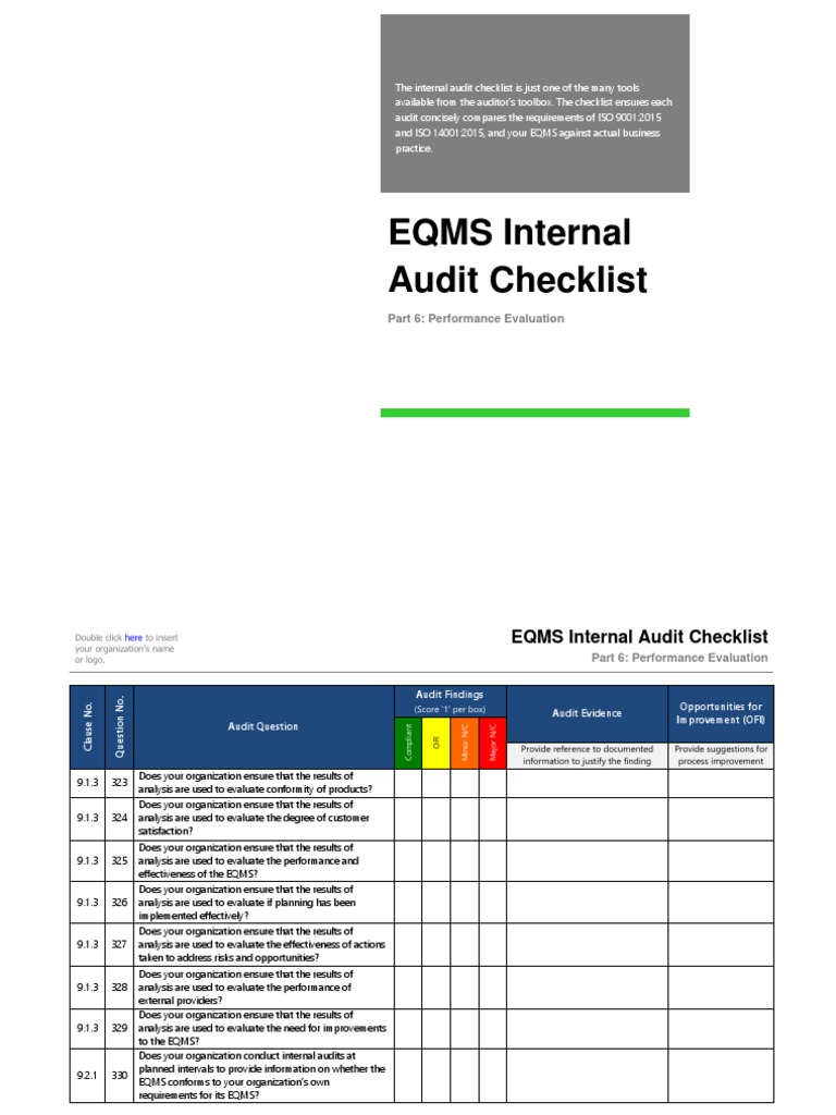 EQMS Integrated Internal Audit Checklist Sample | PDF | Audit ...