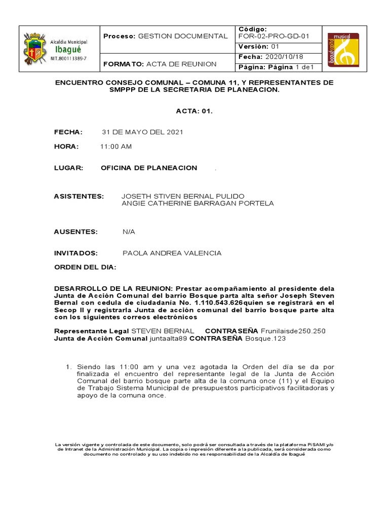 Actas de Reunion 13 - 021 de Octubre Comuna 10 | PDF