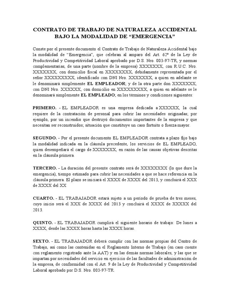 Contrato-Trabajo Naturaleza Accidental Modalidad Emergencia | PDF | Derecho laboral | Justicia