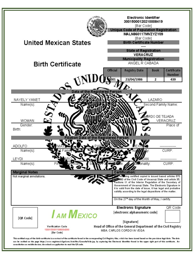 Acta De Nacimiento Traduccion Pdf Birth Certificate Government