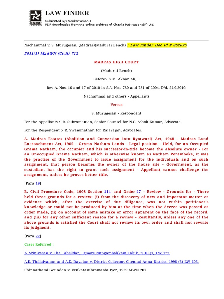 2010 - Nachammal v. S. Murugesan, (Madras) (Madurai Bench) | PDF ...