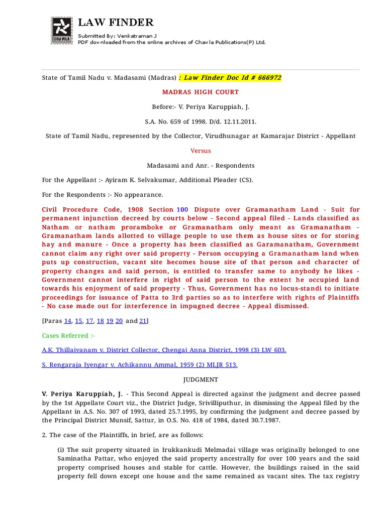 2011 SA - State of Tamil Nadu v. Madasami (Madras) | PDF | Lawsuit ...
