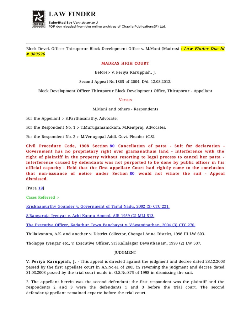 2012 SA - Block Devel. Officer Thiruporur Block Development Office v. M ...