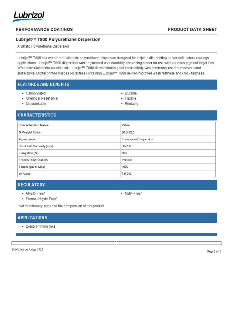 Performance Coatings Product Data Sheet Lubrijet™ T800 Polyurethane ...
