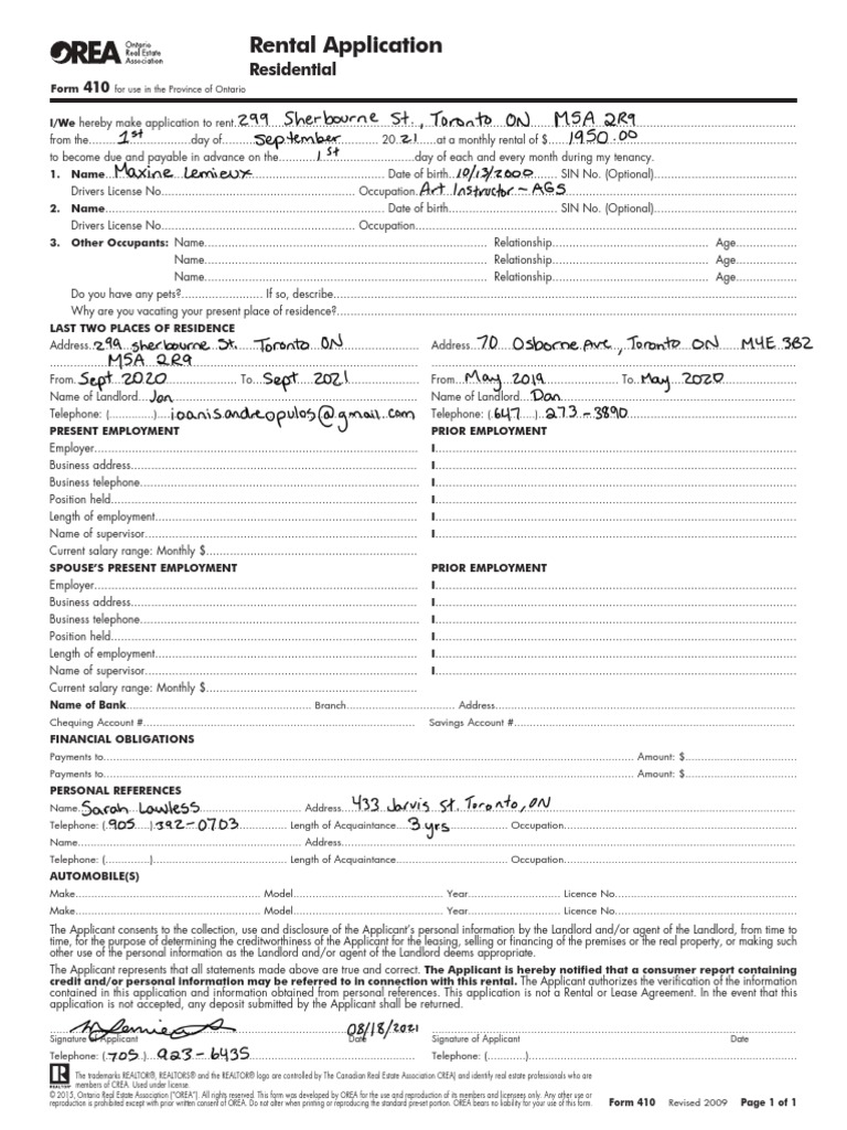 Orea Form 410 - Rental Application-Residential | PDF | Landlord | Lease