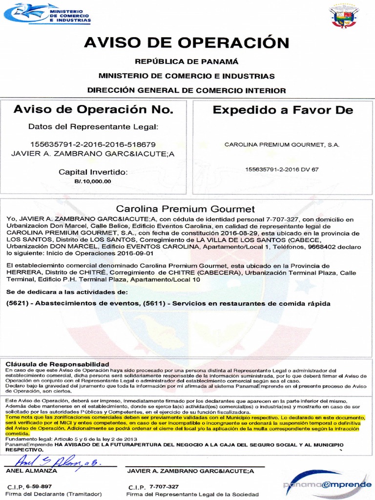Aviso de Operación Carolina Premium Gourmet, S.A. Chitre | PDF