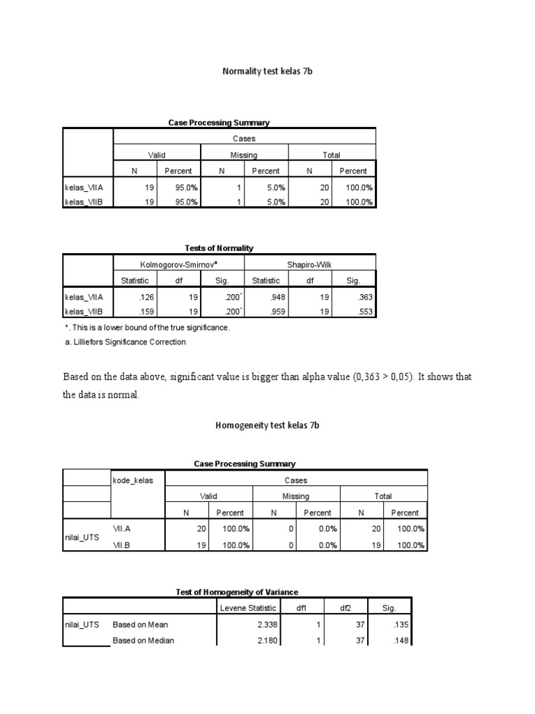 Normality and Homogeneity Tests for 7th Grade Classes | PDF | Normal ...