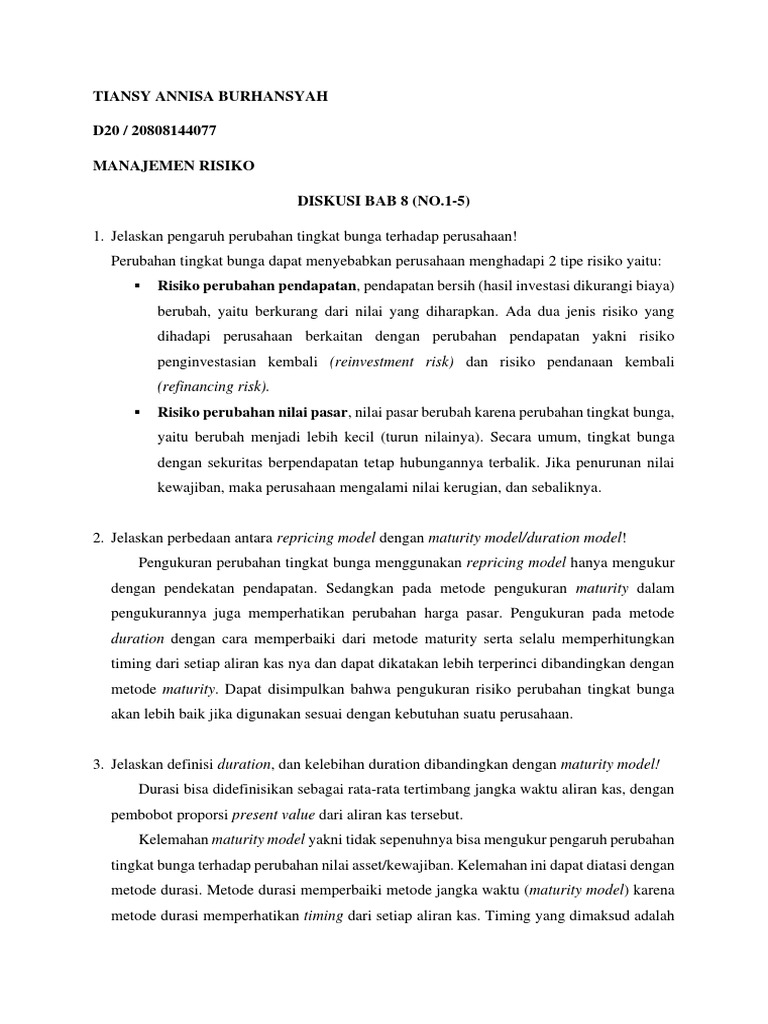 Praktik MNJ Risiko Bab 8&9 - TIANSY ANNISA BURHANSYAH - 20808144077 | PDF | Pengelolaan Keuangan ...