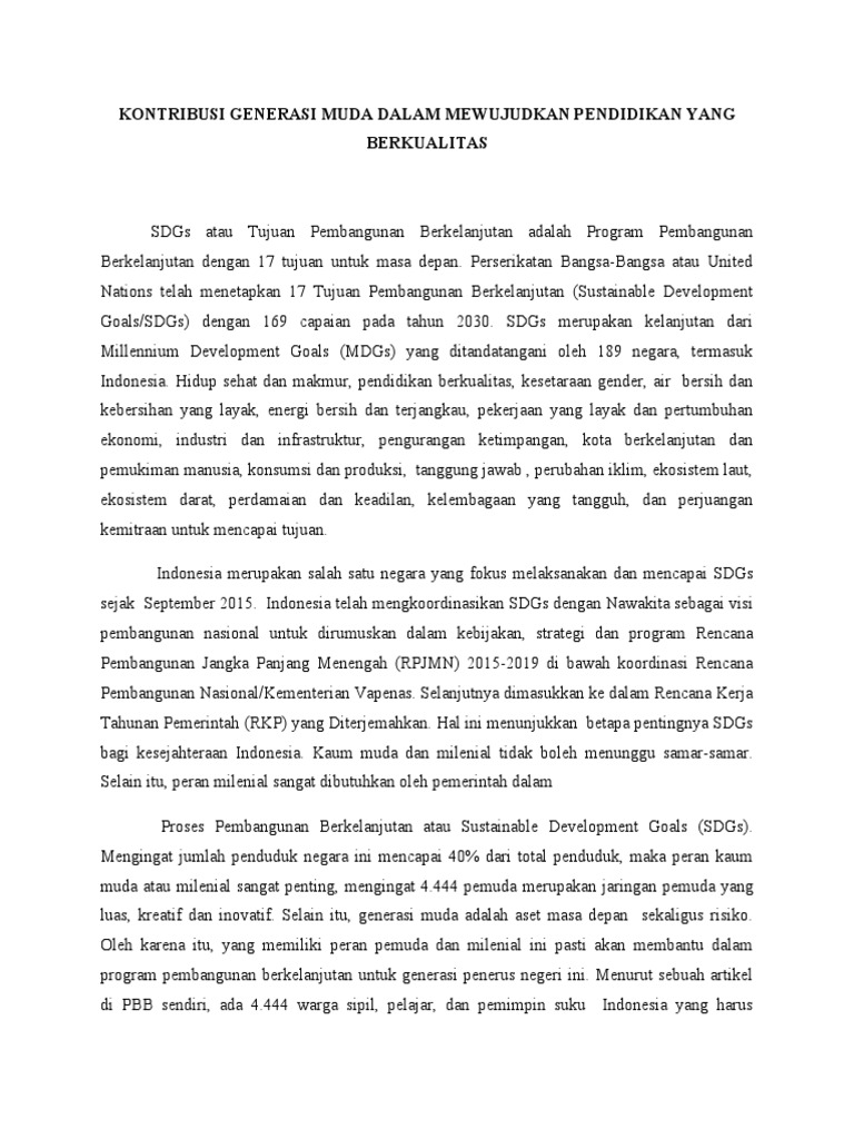 Essay Kontribusi Generasi Muda Dalam Mewujudkan Pendidikan Yang Berkualitas | PDF