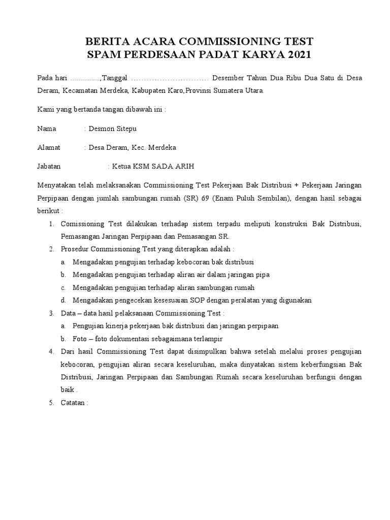 Berita Acara Test Commissioning 2021 | PDF