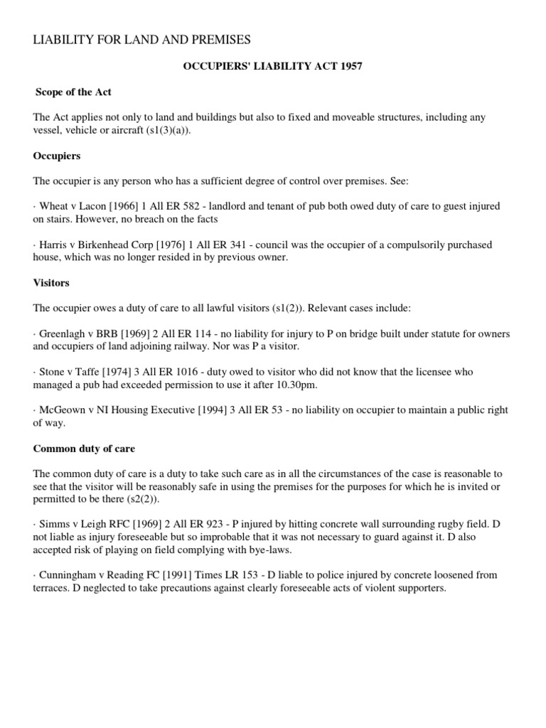 Liability For Land and Occupiers' Liability Act 1957-1984 | PDF | Lease ...