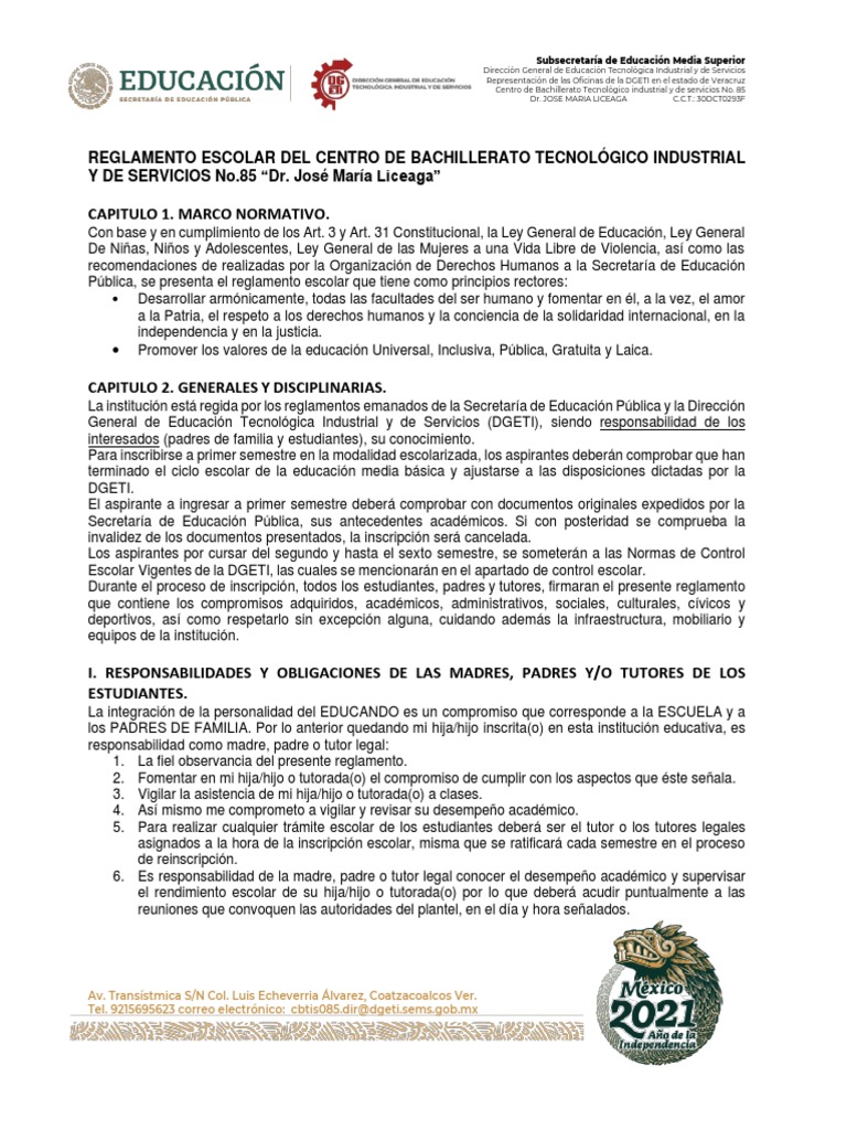 Reglamento CBTis 85 | PDF | Maestros | Institución