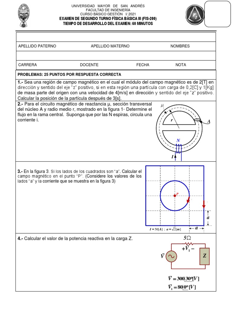 Fis200 Examen 2t Solucionario | PDF | Corriente eléctrica | Campo magnético