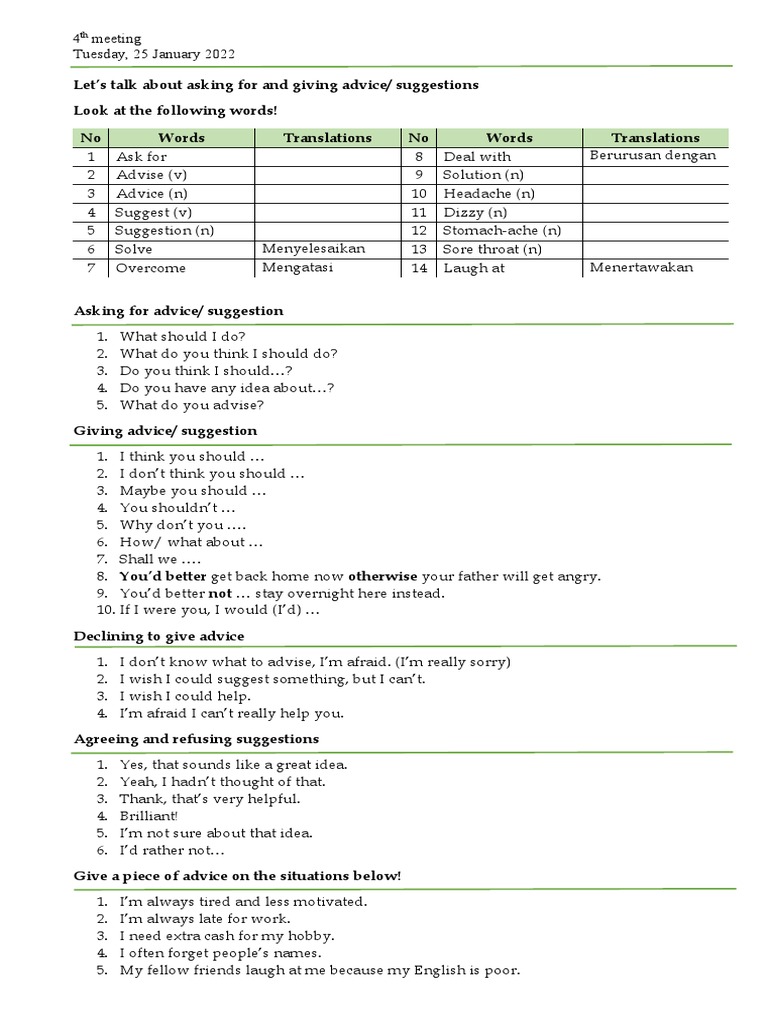 English Advice & Suggestions Guide | PDF