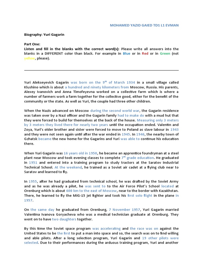 Biography: Yuri Gagarin Part One: Listen and Fill in The Blanks With ...