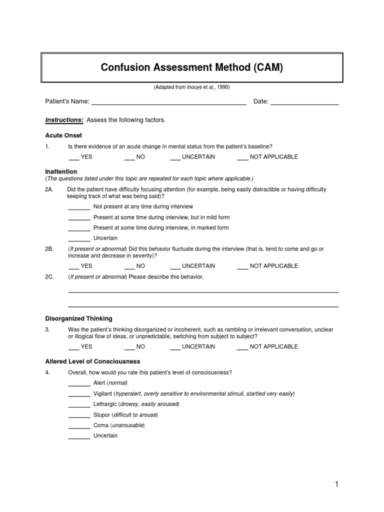 Confusion Assessment Method - CAM | PDF | Cognition | Abnormal Psychology Confusion Assessment Method - CAM | PDF | Cognition | Abnormal Psychology