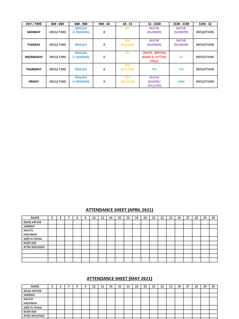 Tadika Timetable 2021 | PDF