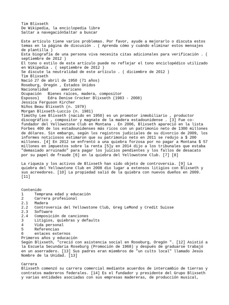 Biografía de Tim Blixseth y Controversias | PDF | Bancarrota | Montana