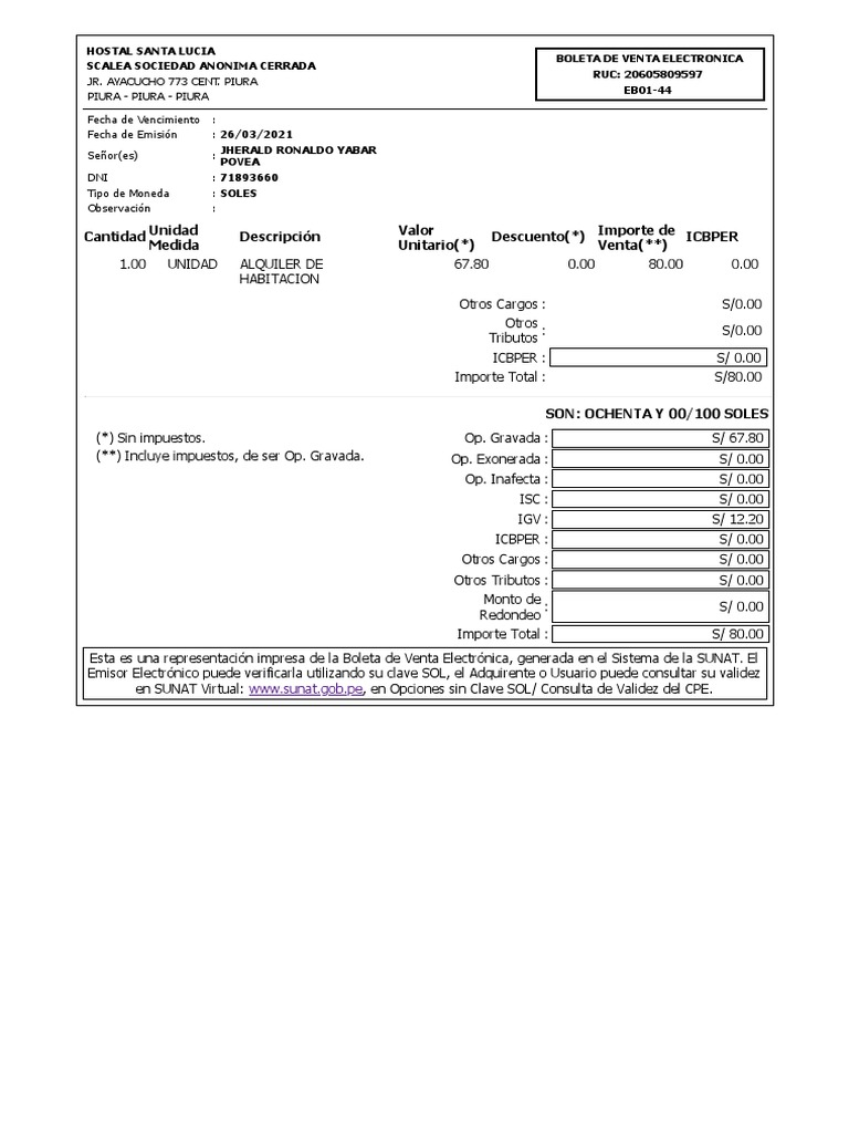 Ejemplo de Boleta de Venta Electrónica | PDF