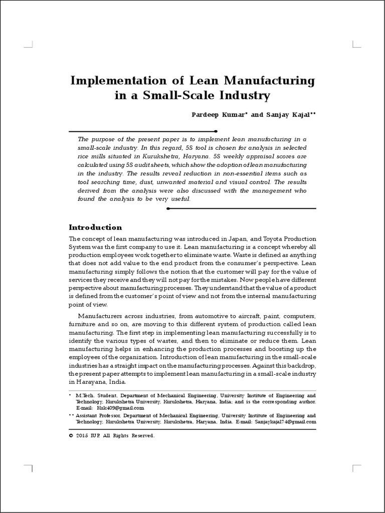 Implementation of Lean Manufacturing in A Small-Scale Industry | PDF ...