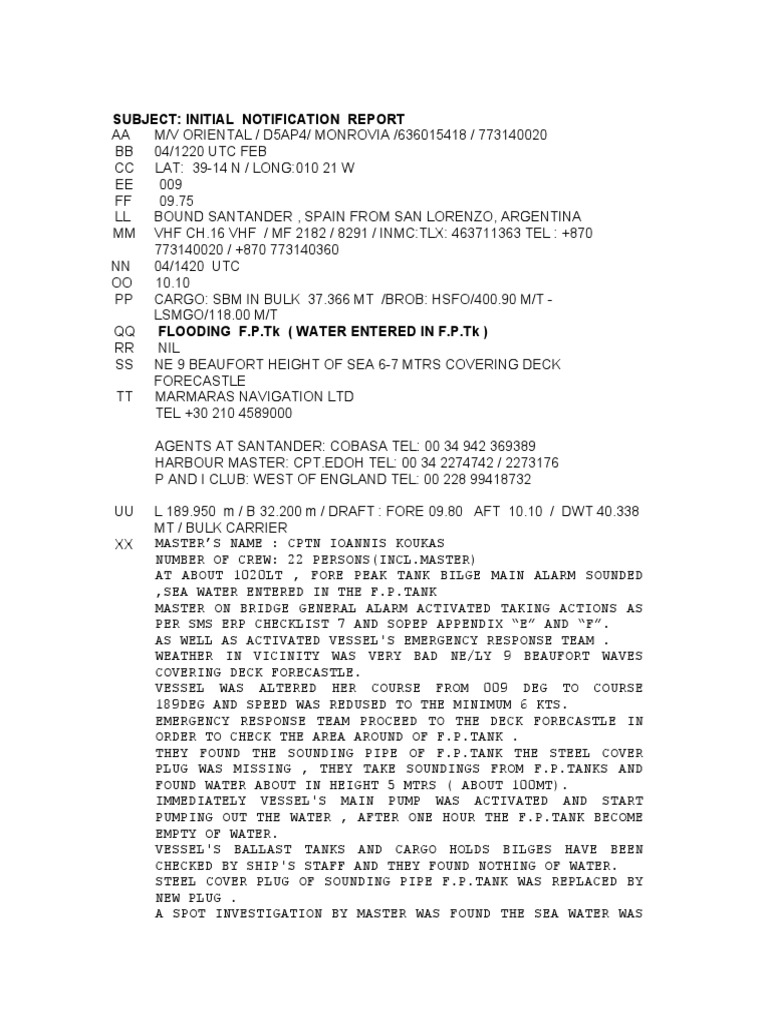 Subject: Initial Notification Report | PDF | Ships | Maritime Incidents