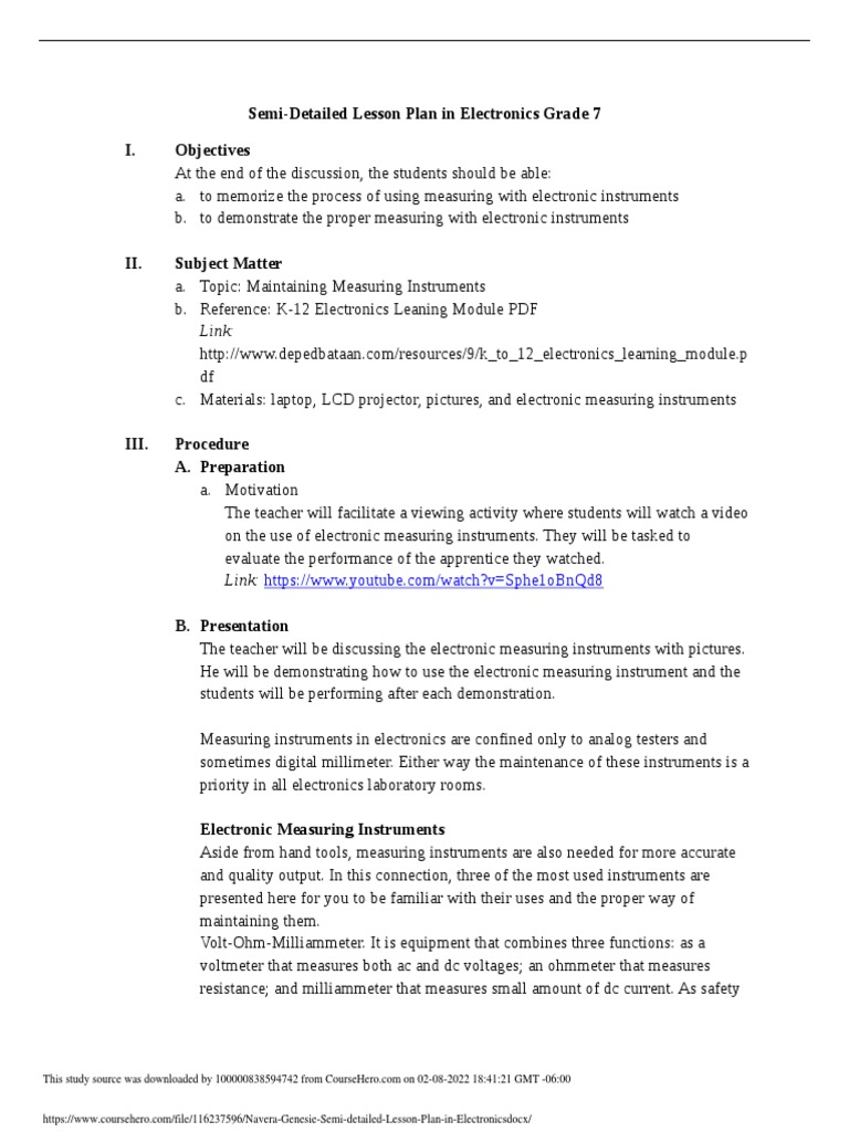 Semi-Detailed Lesson Plan in Electronics Grade 7 I. Objectives | PDF ...