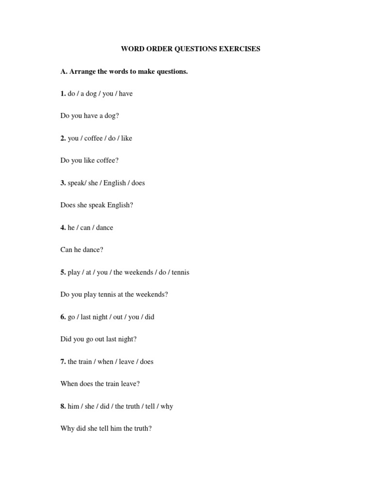Word Order Questions Exercises | PDF
