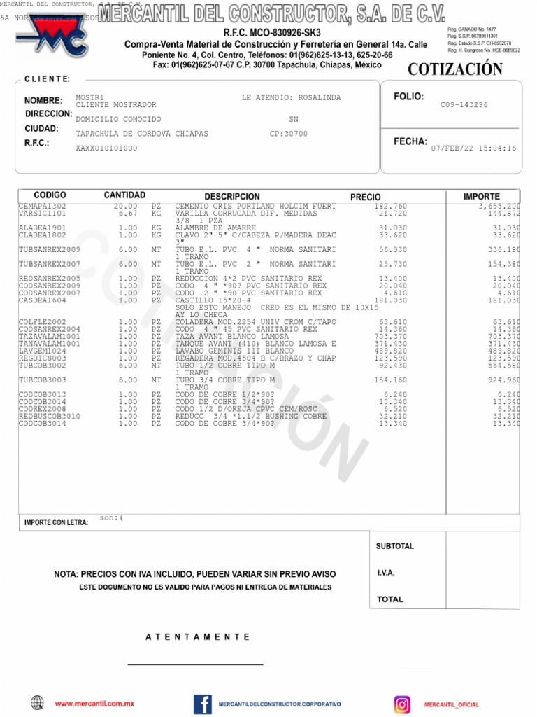 Cotización de Precios de Materiales | PDF