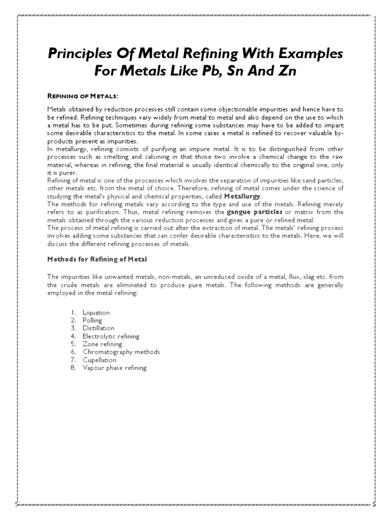Metal Refining Techniques and Examples | PDF | Lead | Zinc