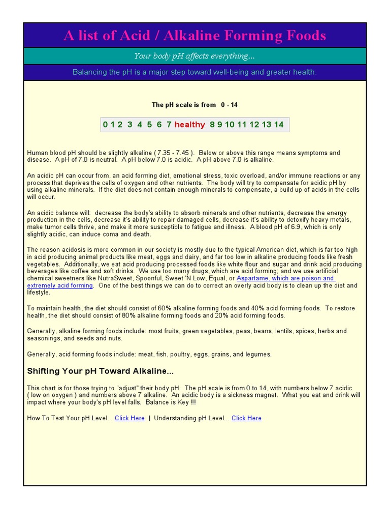 A List of Acidic-Alkaline Forming Foods | PDF | Fruit | Alkalinity