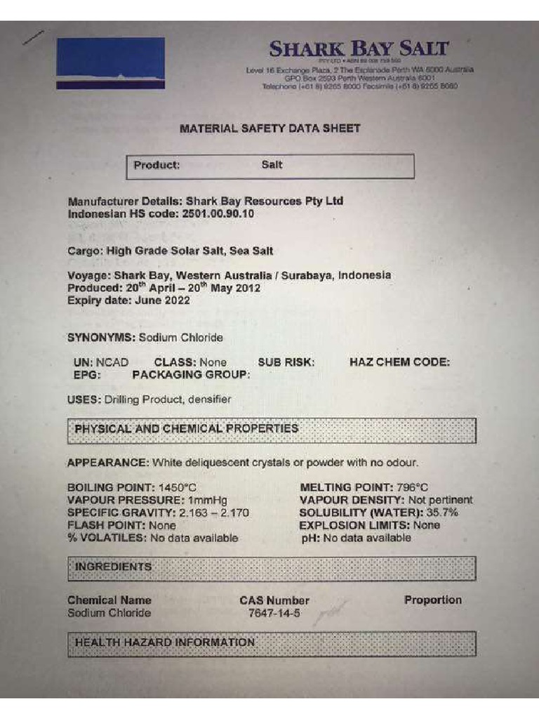 MSDS Garam Australia | PDF