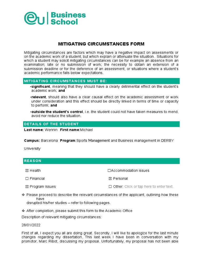 Mitigating Circumstances Form - Docxof | PDF | Thesis | Cognition