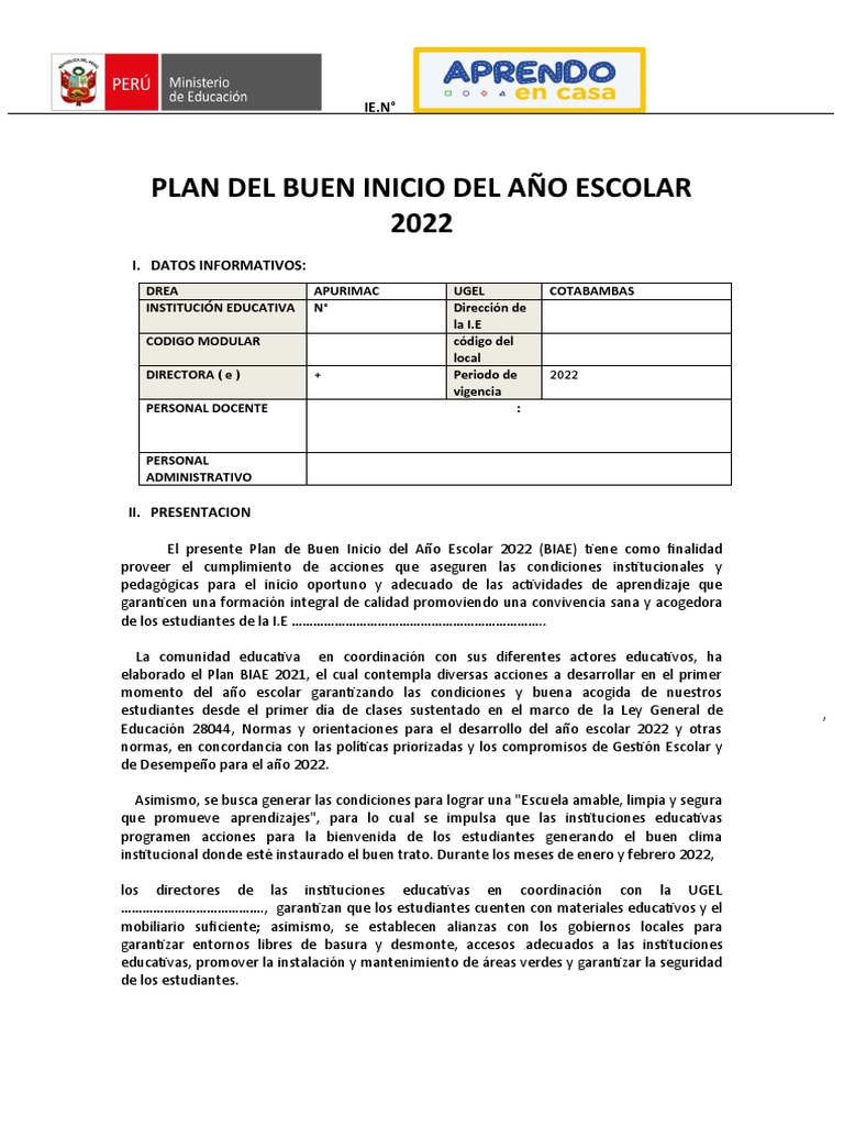 Plan Buen Inicio Del Año Escolar 22 Pdf Educación Primaria