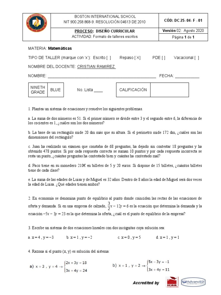 Taller de Repaso Math Cuarto Periodo | PDF | Ecuaciones | Álgebra