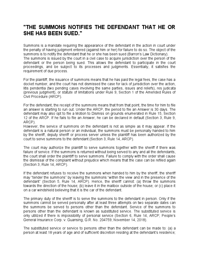 The Summons Notifies The Defendant That He or She Has Been Sued. | PDF ...