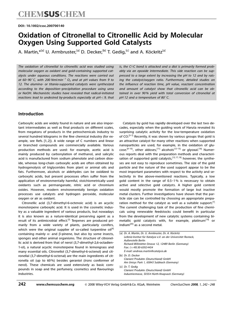 Oxidation of Citronellal To Acid | PDF | Catalysis | Chemical Reactions