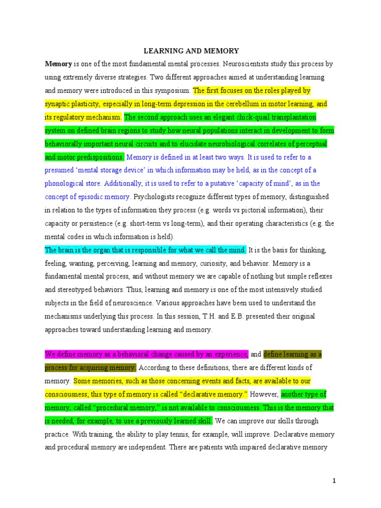 Memory and Learning | PDF | Memory | Learning