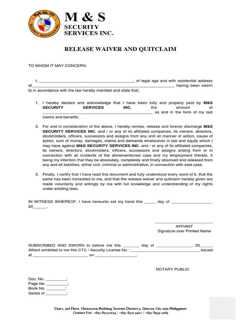 Release Waiver and Quitclaim: Security Services Inc | PDF | Civil Law ...
